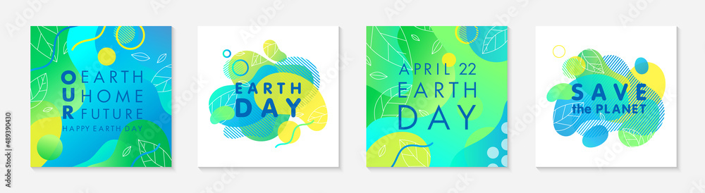 Set of Earth Day posters with green gradient backgrounds,liquid shapes ...