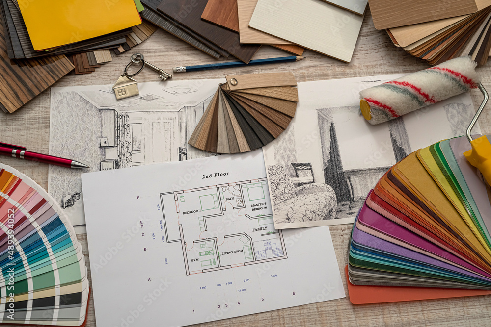 house drawing with color swatches, pencil for renovation Stock Photo ...