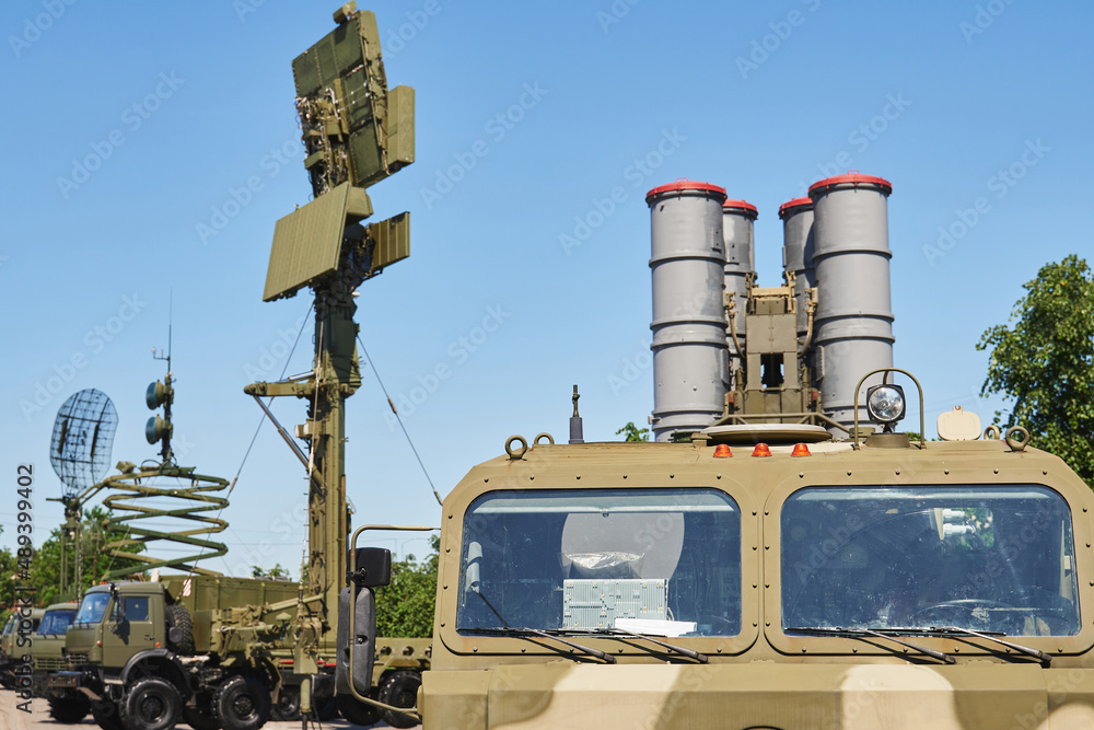 cockpit of a military vehicle with a combat-ready anti-aircraft missile ...