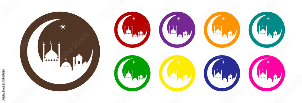 Mosque and moon and star, icon in different colors. Stock Vector ...