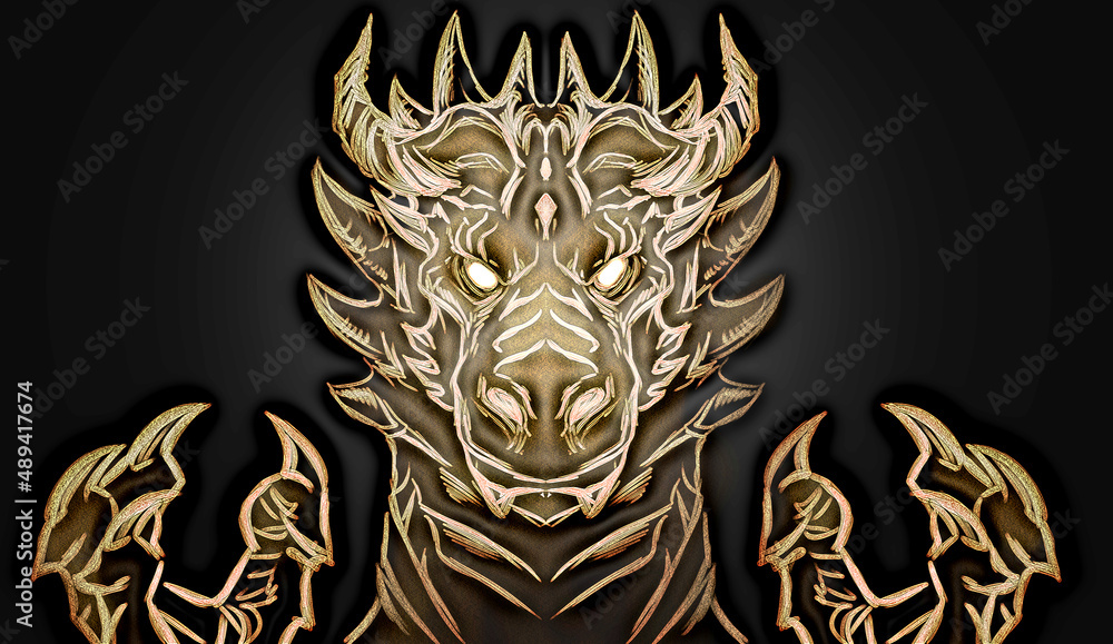 Digital illustration of the head and paws of a dragon, front view Stock ...