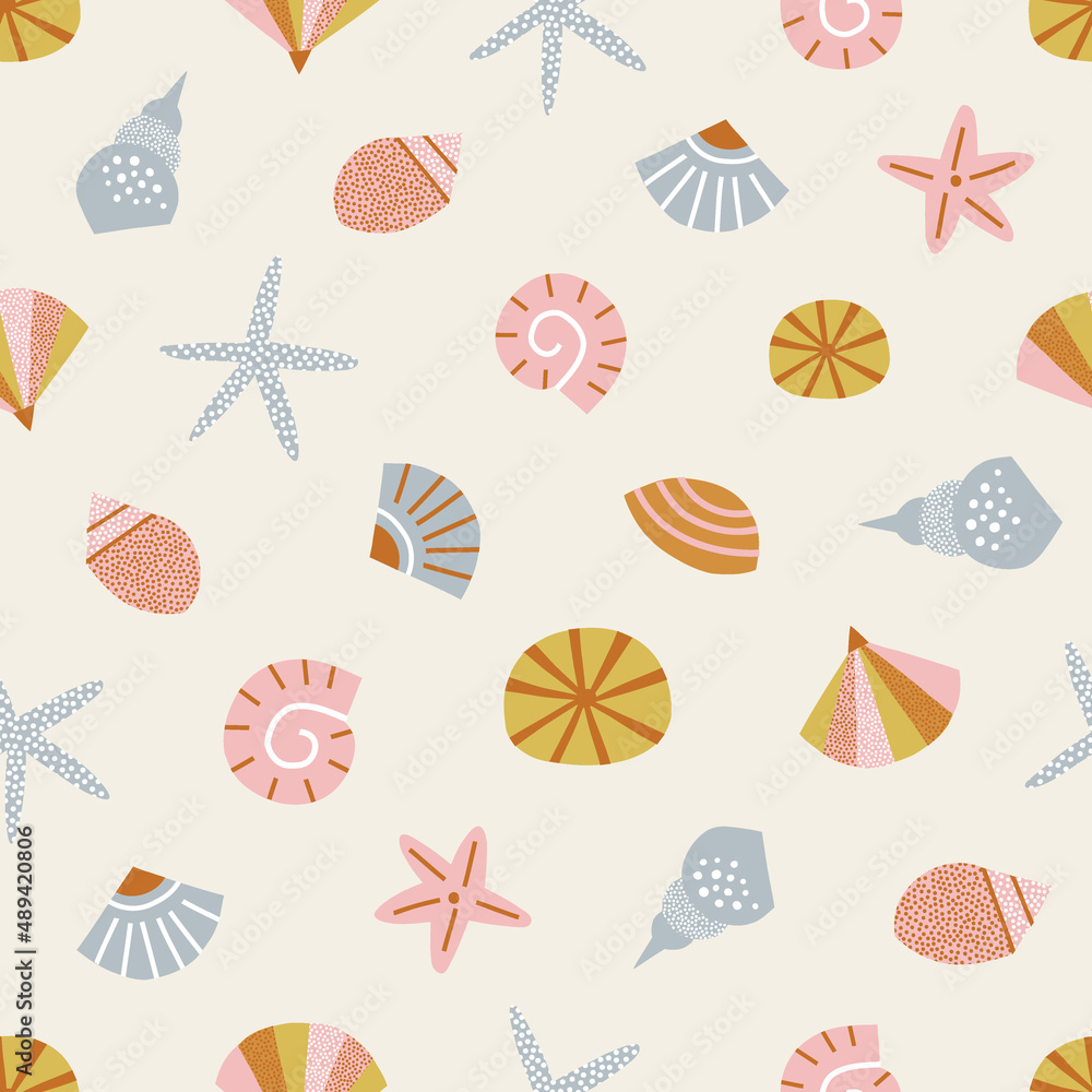 Sea shell Conch Starfish vector seamless pattern. Abstract cockleshells ...