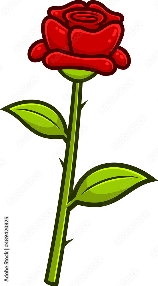 Cartoon Red Rose Flower With Stem. Vector Hand Drawn Illustration ...