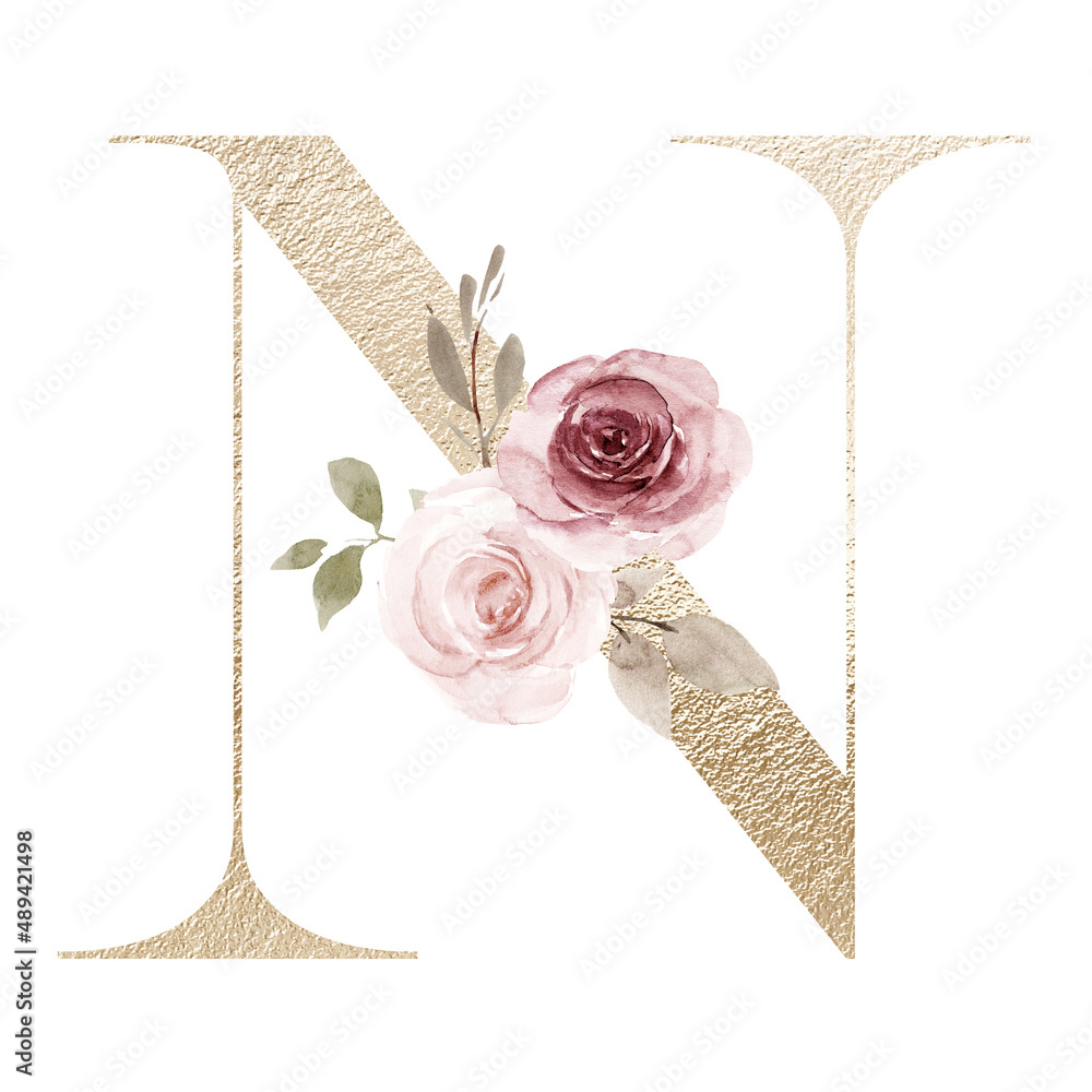 Monogram n, letter with watercolor flowers and leaf. Floral alphabet ...