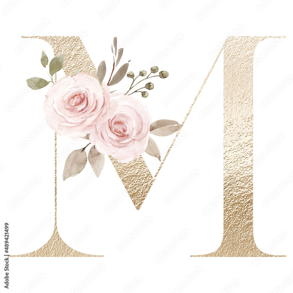 Monogram m, letter with watercolor flowers and leaf. Floral alphabet ...