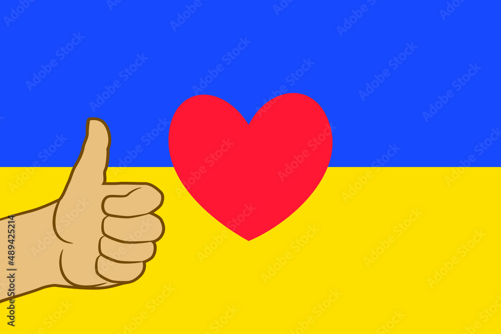 Flag of Ukraine and Hand with thumb up, gesture of approval. Like ...