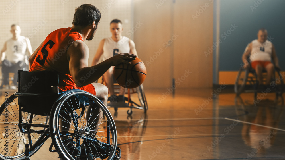 Wheelchair Basketball Game Court: Active Professional Player Dribbling ...