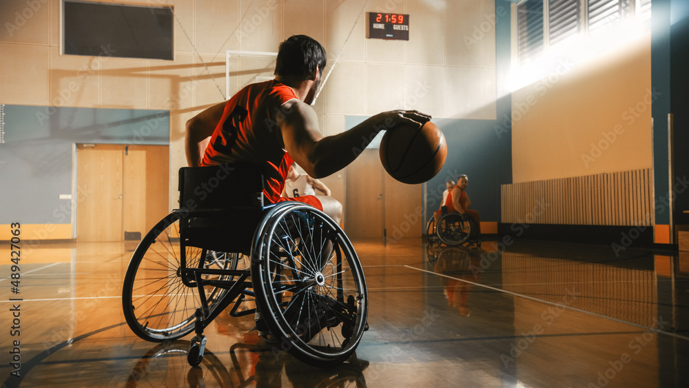 Wheelchair Basketball Game Court: Active Professional Player Dribbling ...