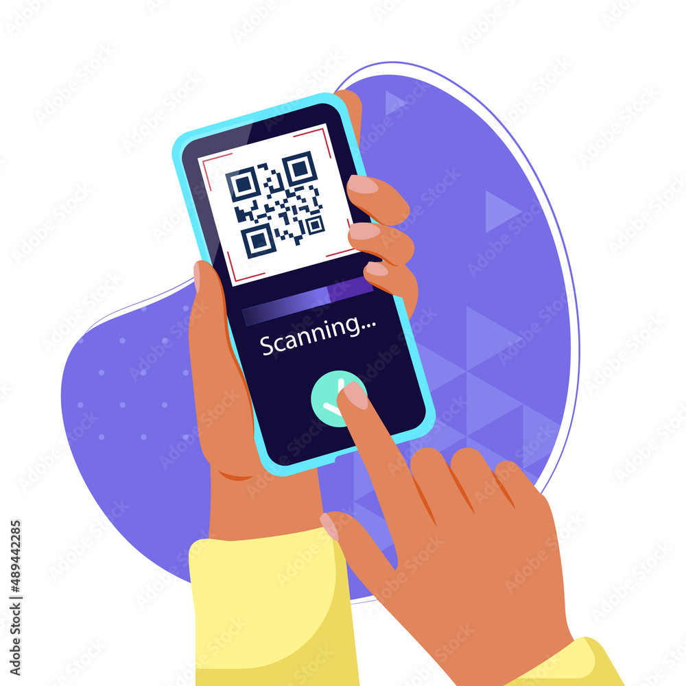 QR code scanning concept banner. Female hands holding mobile phone with ...