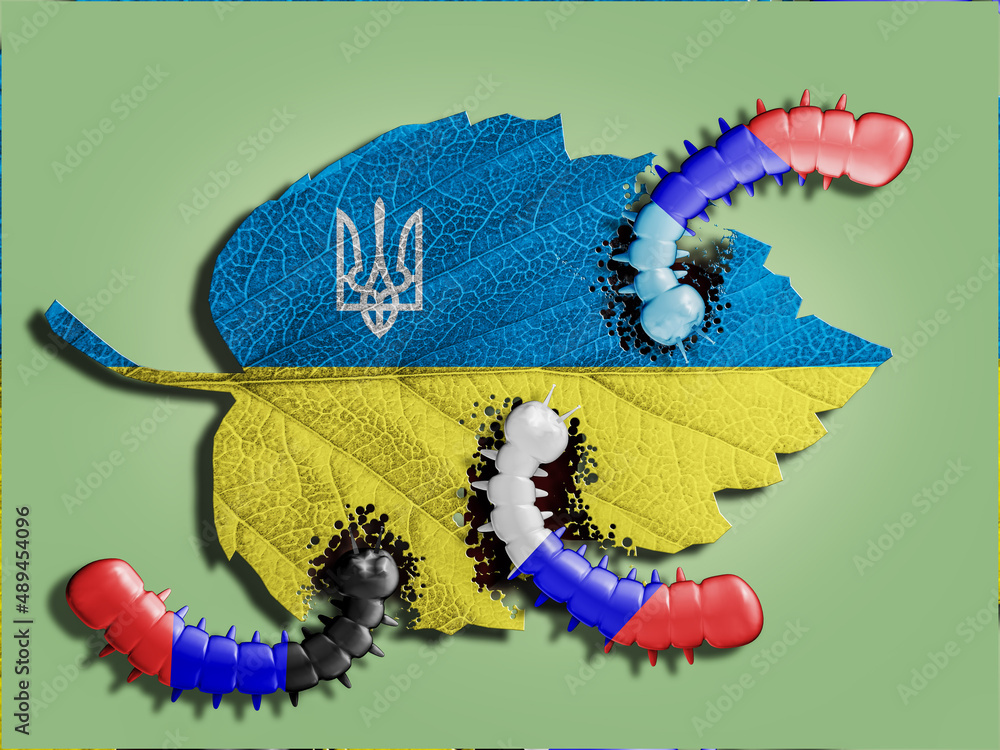 The war in Ukraine. Leaf worms with the texture of the flags of Russia ...