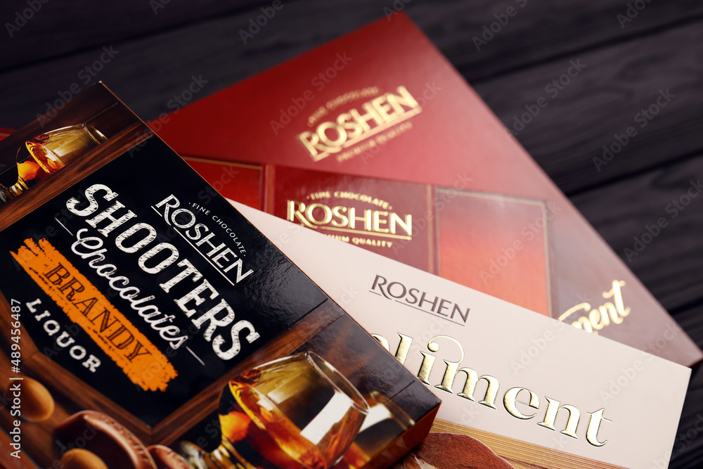 KHARKOV, UKRAINE - JANUARY 11, 2021: Roshen chocolate candies boxes ...