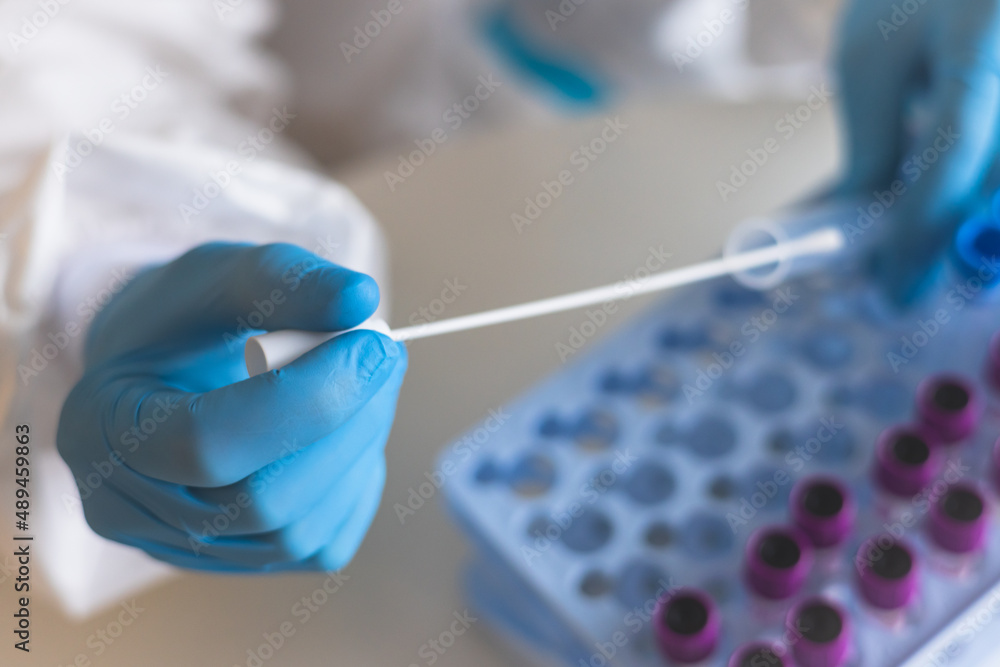 Process of coronavirus PCR antigen testing examination by nurse medic ...