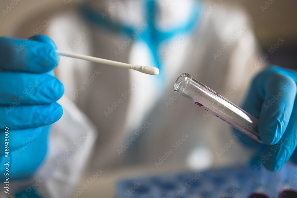 Process of coronavirus PCR antigen testing examination by nurse medic ...