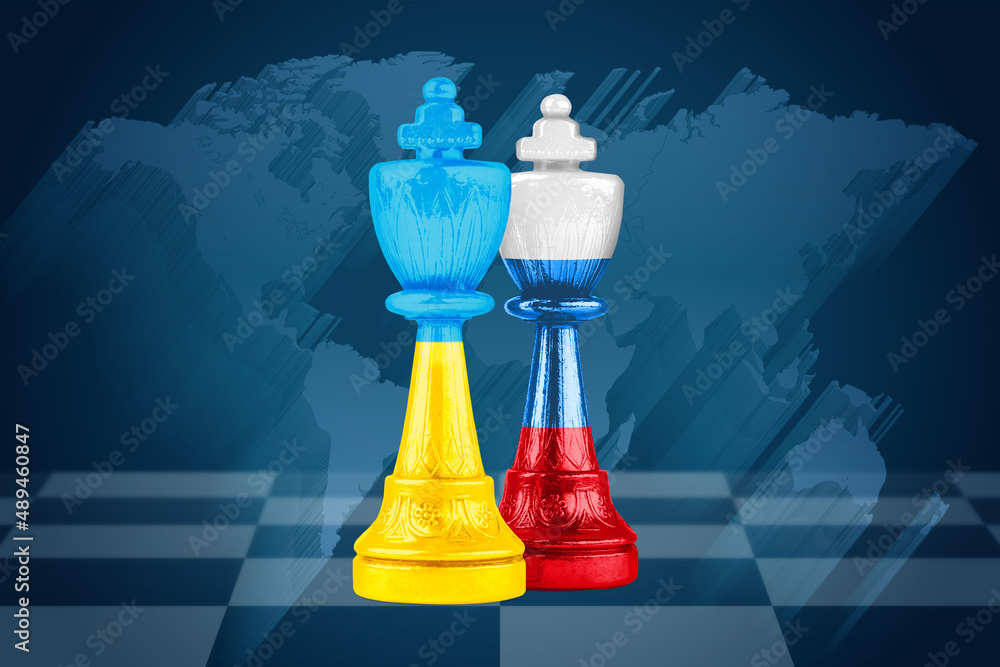 Concept of war between Ukraine and Russia. Chess pieces in color of ...