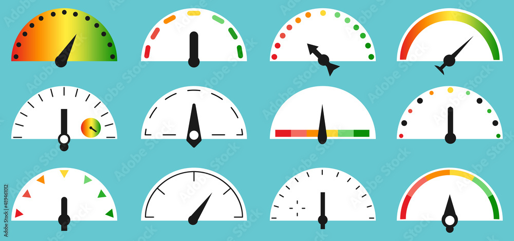 Speedometers and indicators, scales with gradient icon set isolated on ...