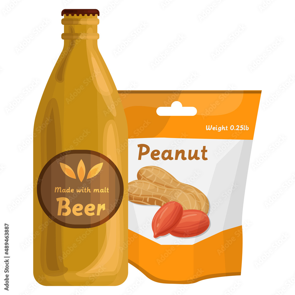 Beer with package of peanuts style meal snack vector fas food concepr ...