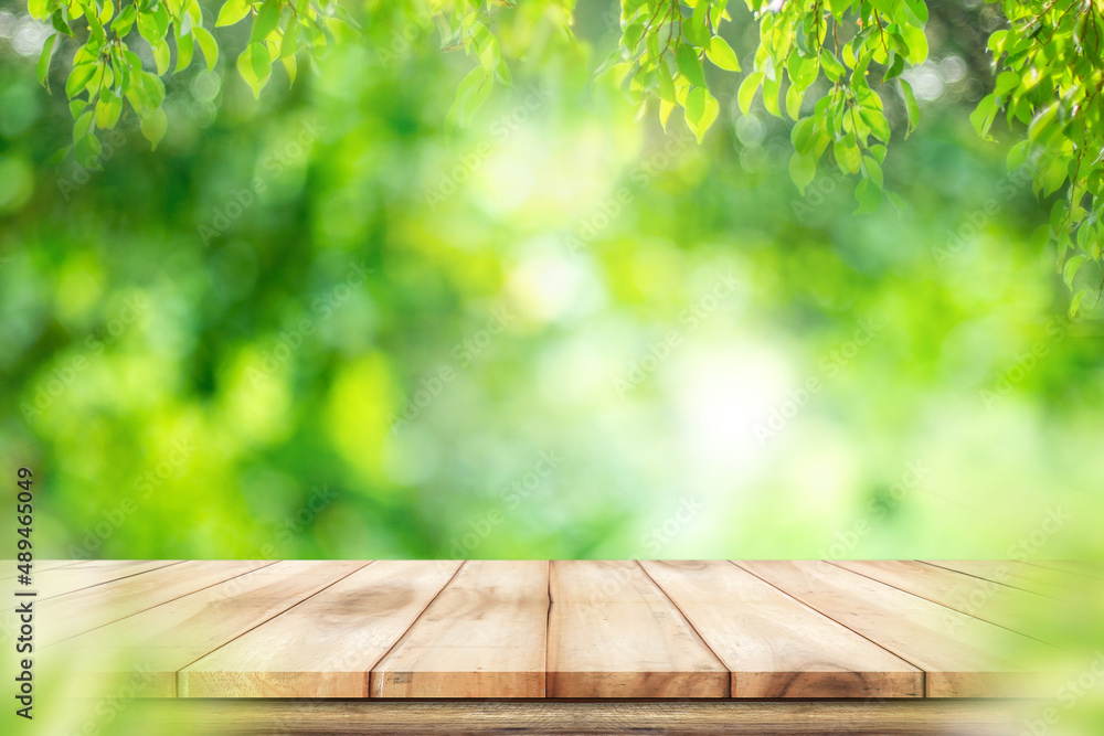 Empty wooden table with garden bokeh background with a country outdoor ...