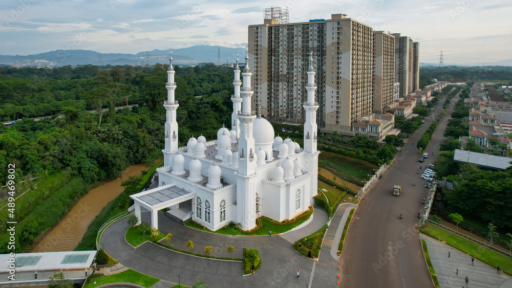 Aerial view of At-Thohir Mosque panorama view Largest Mosque in Depok ...