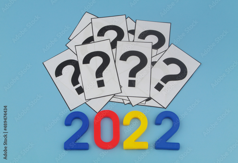Cards with question marks and numbers 2022 on blue background. Forecast ...
