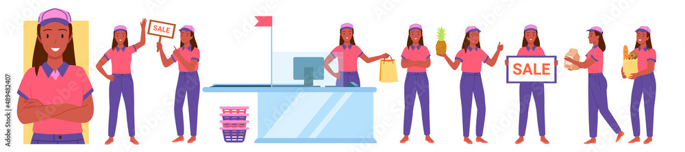 Supermarket or store female employee at work set vector illustration ...
