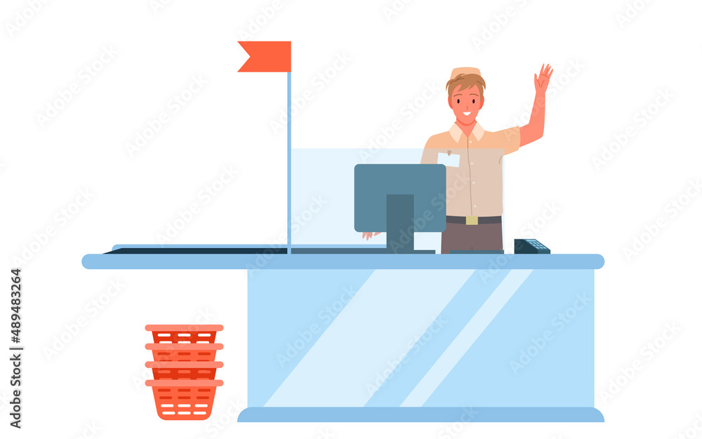 Clerk of supermarket department or grocery store waiting for customers ...