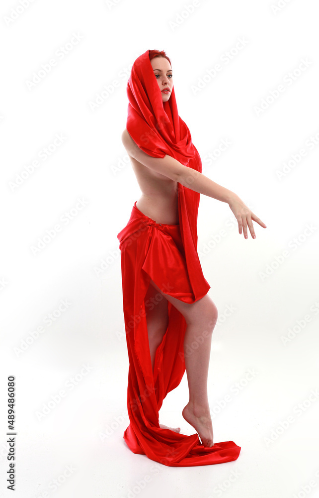 Full Length Portrait Of Red Haired Woman Wearing A Beautiful Sexy Silk