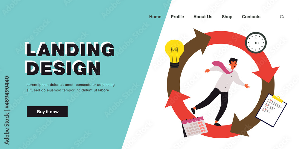 Busy businessman running in cycle of work tasks. Unstoppable working ...