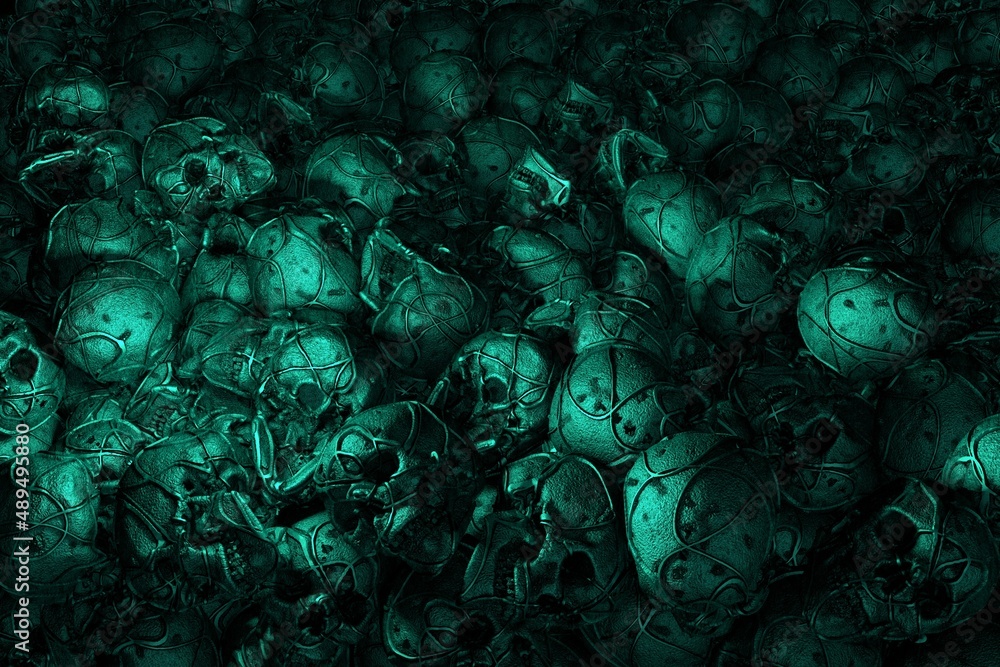 Apocalyptic scenery with human skulls. 3D rendering Stock Illustration ...