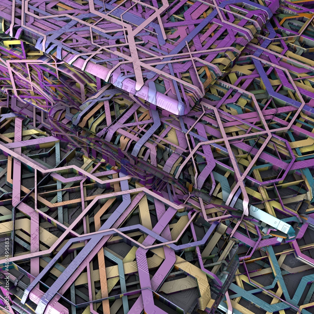 Abstract metallic circuit board design. Futuristic technology background with complex shapes ...