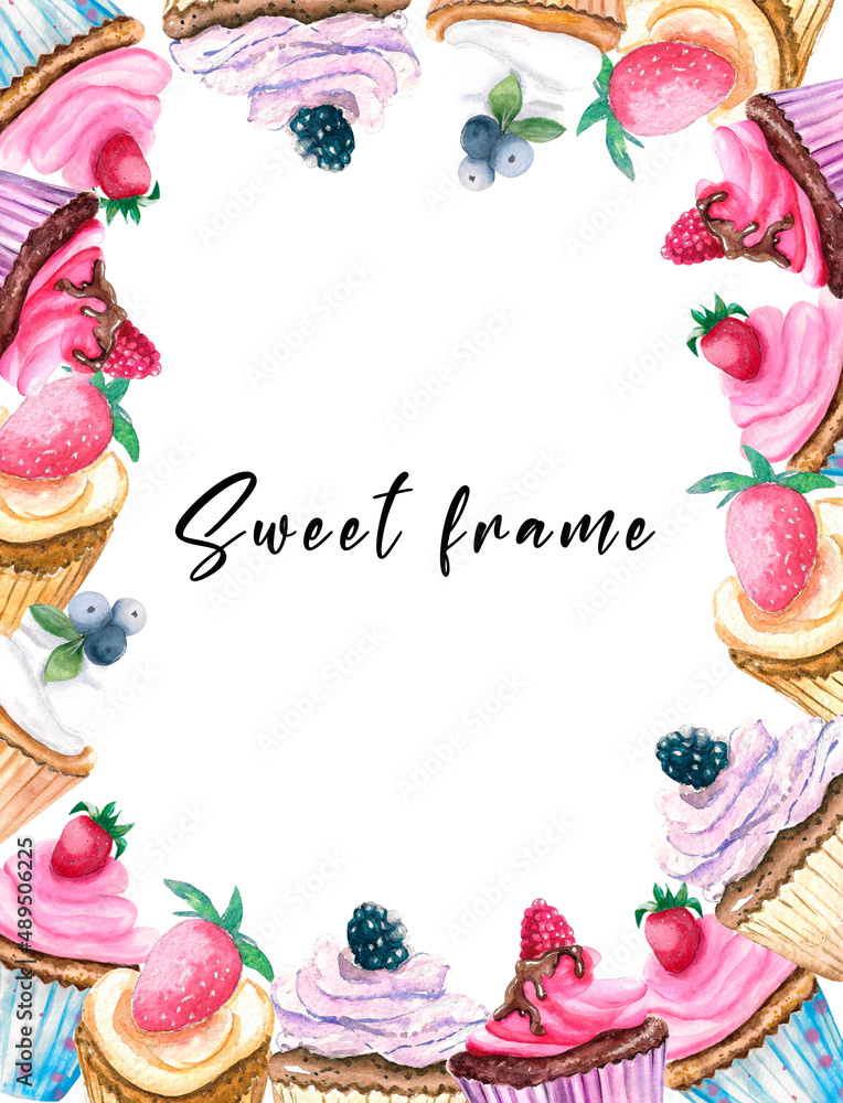 Watercolor template. Frame made of watercolor desserts. Border with ...