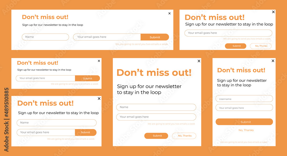 Set of Email Subscribe Newsletter pop up template design. Submit form ...