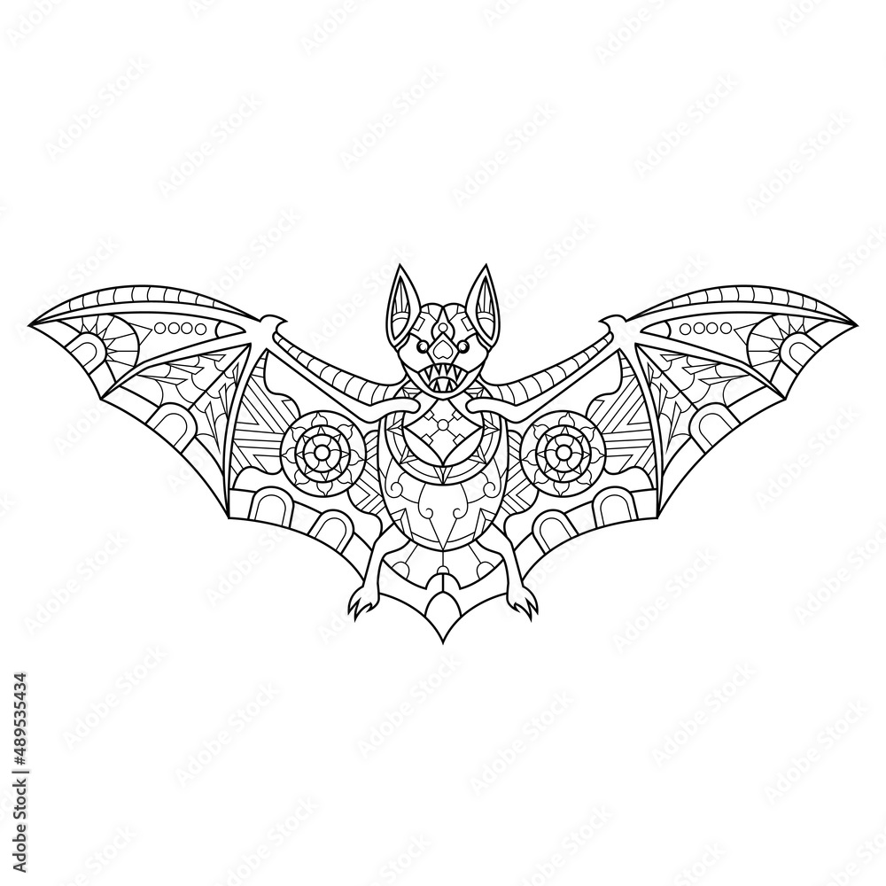 Bat illustration mandala zentangle in lineal style coloring book Stock ...
