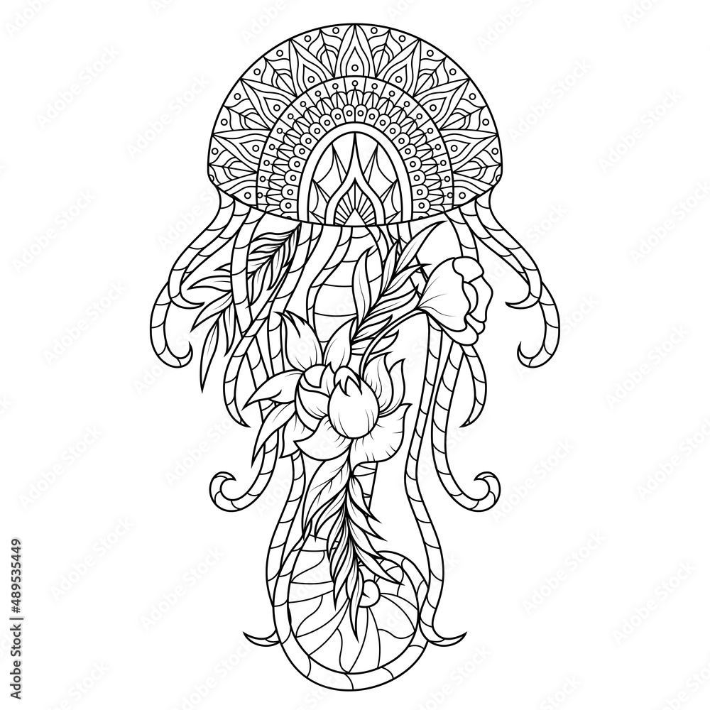 Jellyfish mandala zentangle illustration in lineal style coloring book ...