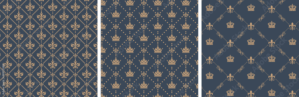 Royal background patterns on a blue background - set. Seamless ...