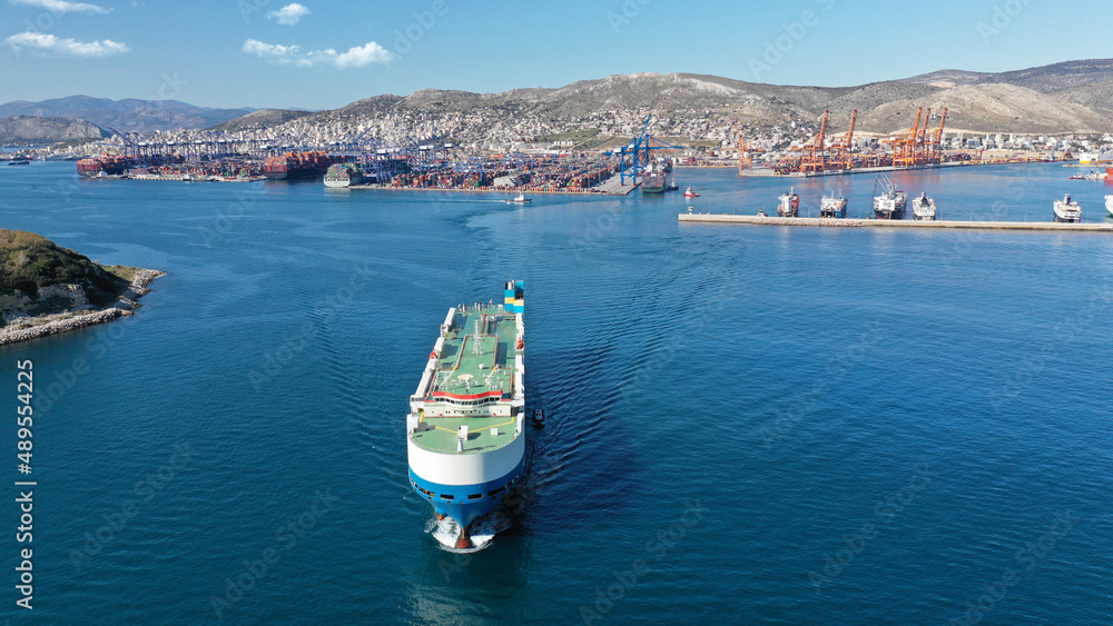 Aerial drone photo of huge car carrier ship RO-RO (Roll on Roll off ...