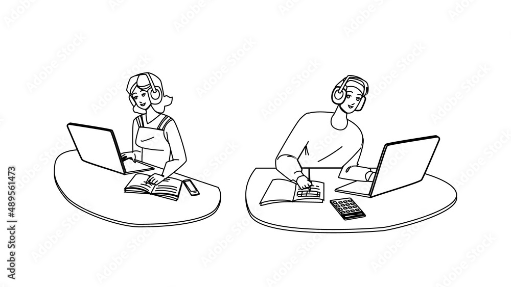Student Couple Doing Homework On Laptop Black Line Pencil Drawing ...