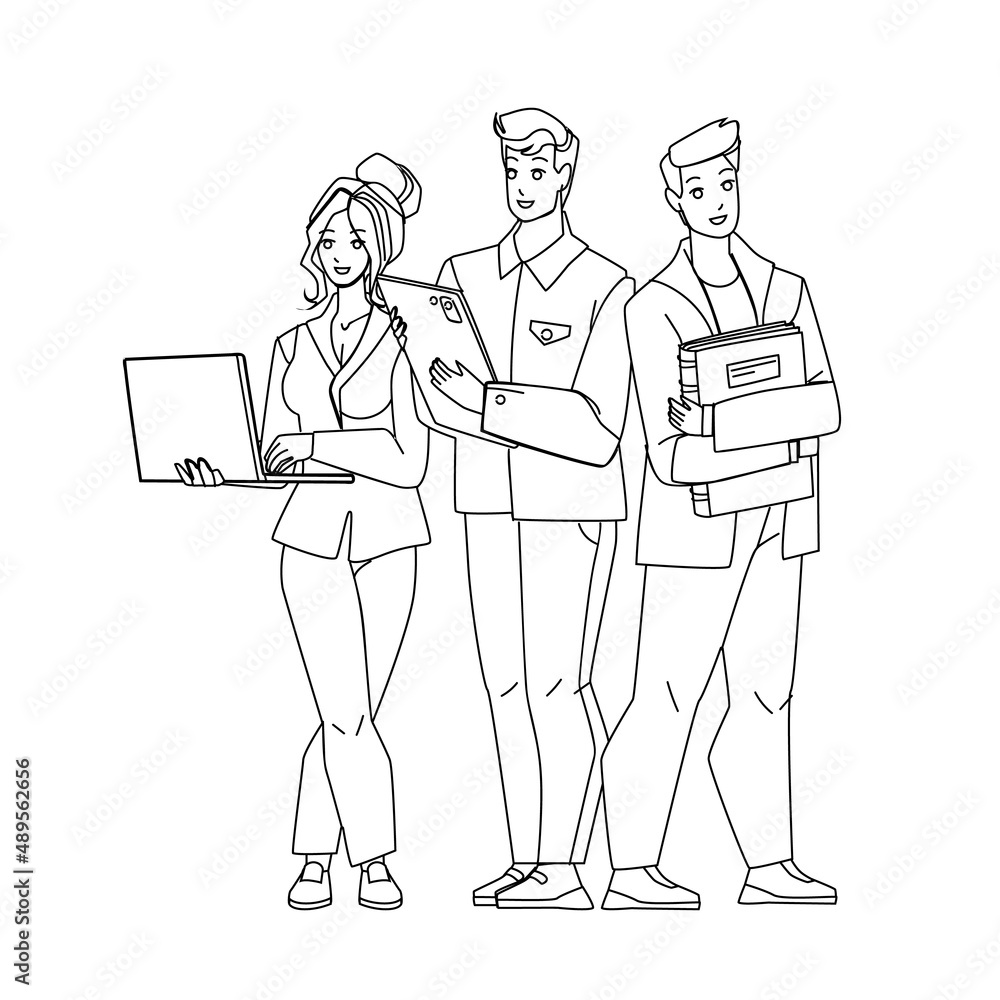Office Team Colleagues Working Together Black Line Pencil Drawing ...