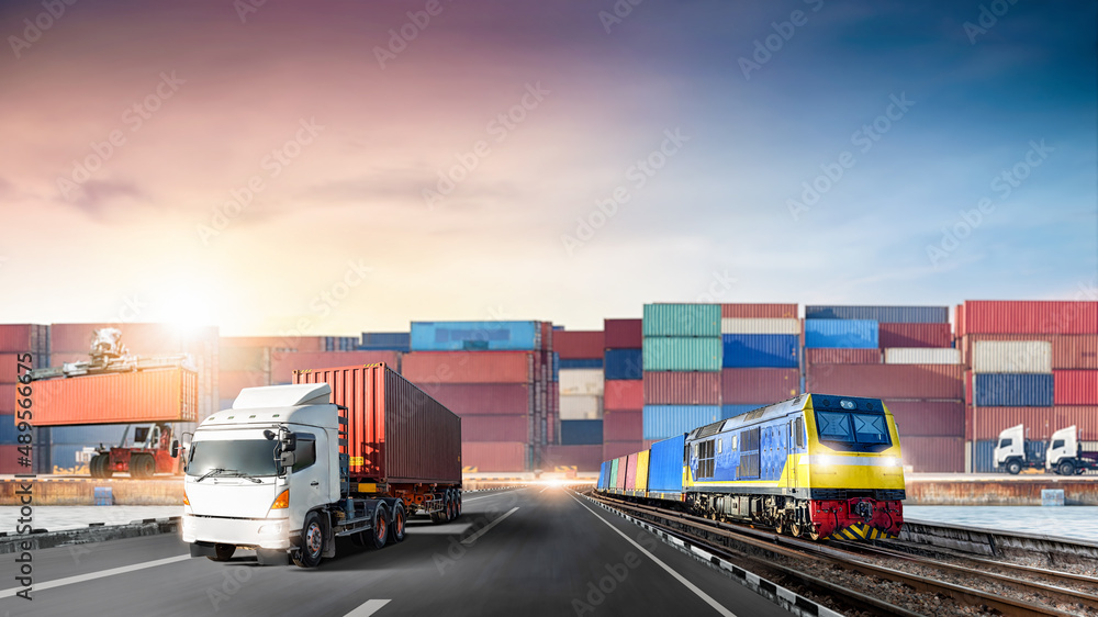 Global business logistics import export of red container truck on ...