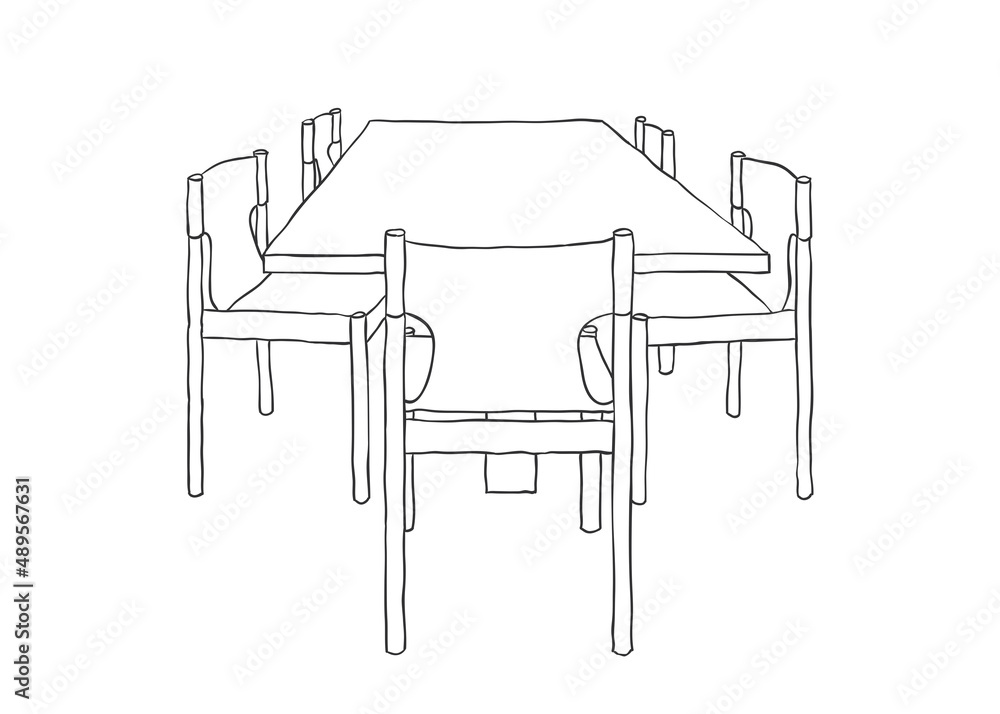 Hand drawn vector line art sketch of a dining table with five chairs ...