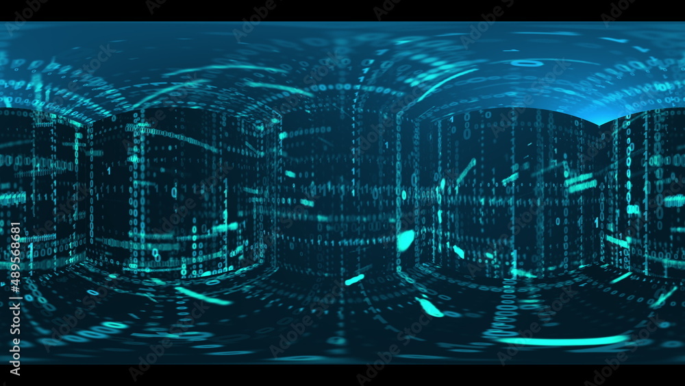 Panoramic view of data matrix code in 3d render volumetric futuristic ...