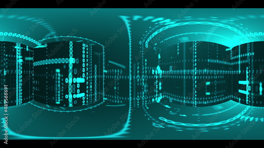 Panoramic view of data matrix code in 3d render volumetric futuristic ...