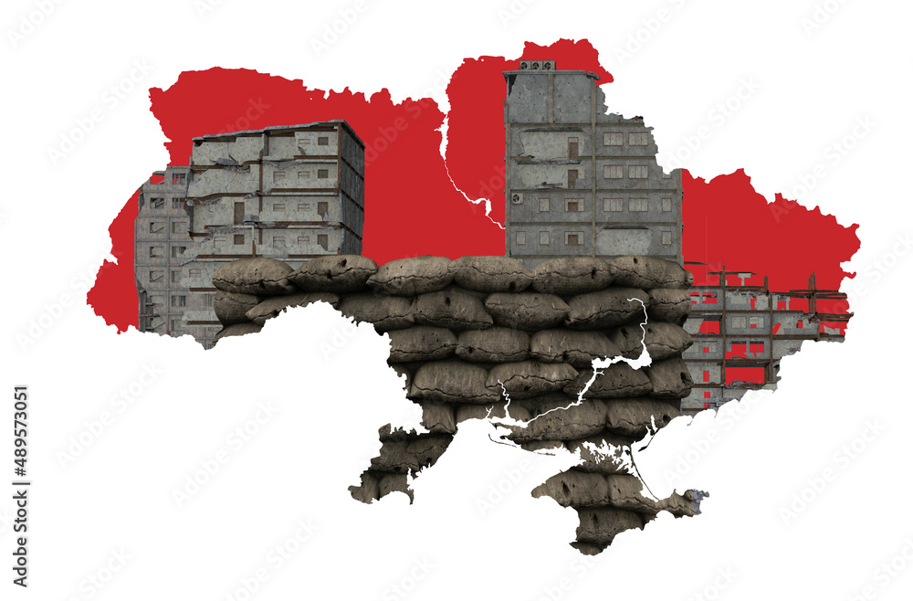 Ukraine, trench warfare, bombed-out buildings and sandbags. Map of ...