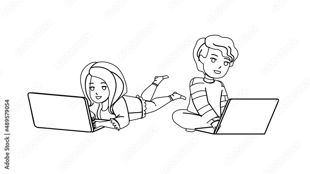 Boy And Girl Children Playing On Laptop Black Line Pencil Drawing ...