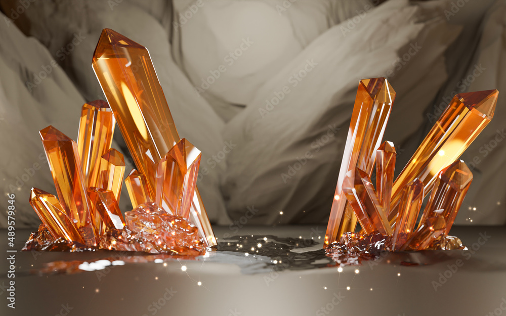 3D realistic crystal stone podium on water background. Empty pedestal ...