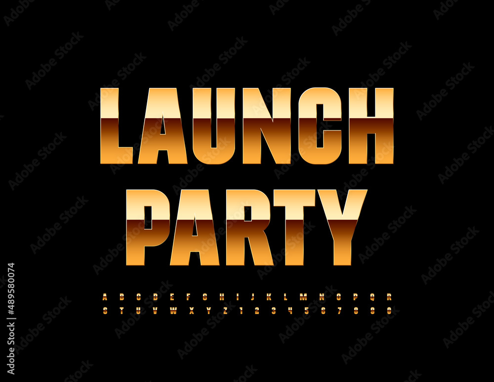 Vector premium flyer Launch Party. Glossy Gold Font. Elite metallic ...