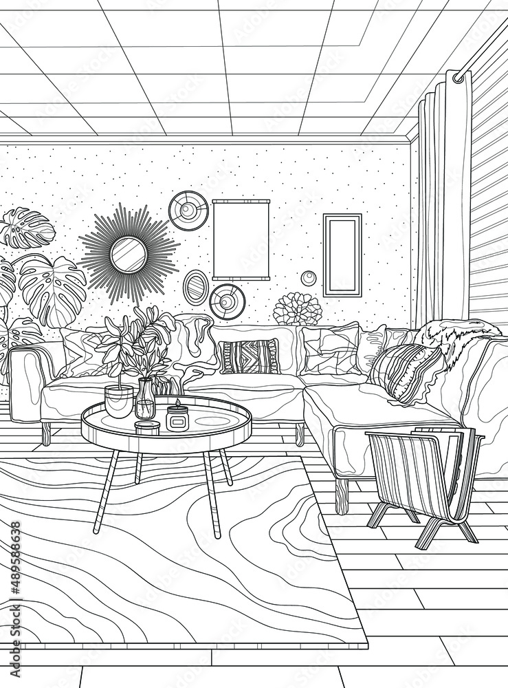 Living room interior in boho style. Coloring book for adults. The ...