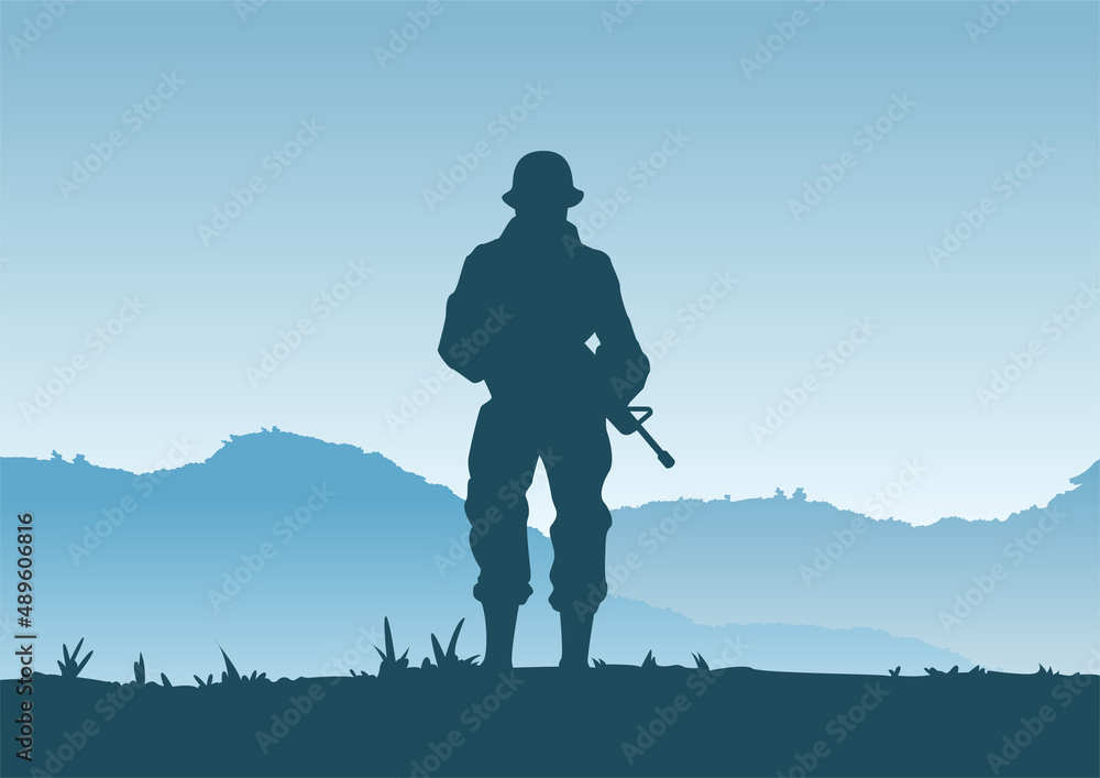 Background of war in situation of soldier standing and hold gun to ...