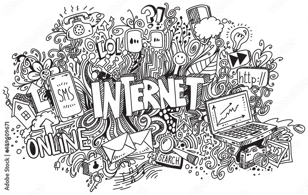 Internet doodle design elements vector illustration set with floral and ...