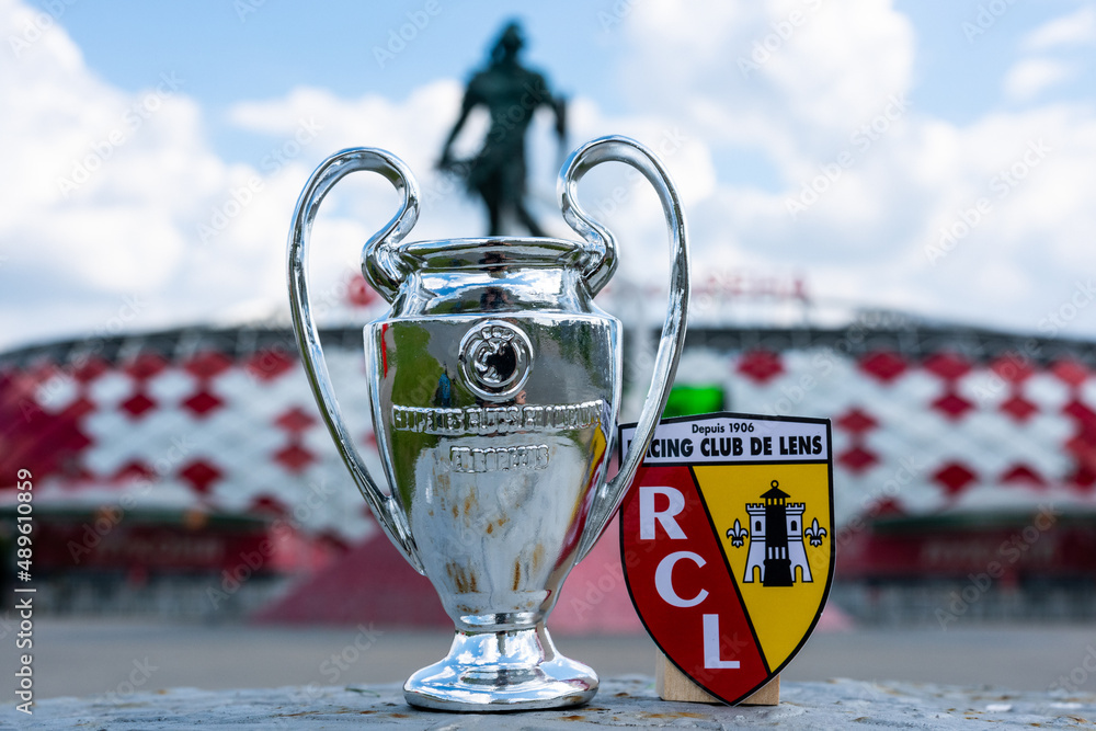 June 14, 2021, Lens, France. The emblem of the RC Lens football club ...