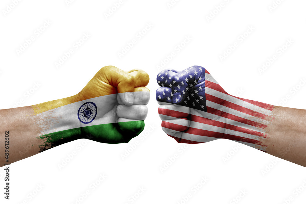 Two hands punch to each others on white background. Country flags ...